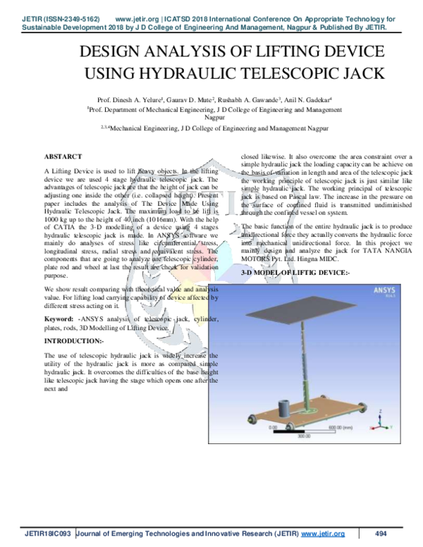 (PDF) Design Analysis of Lifting Device Using Hydraulic Telescopic Jack