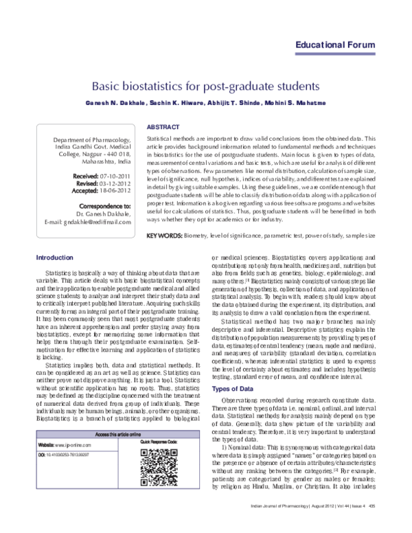 (PDF) Basic biostatistics for post-graduate students