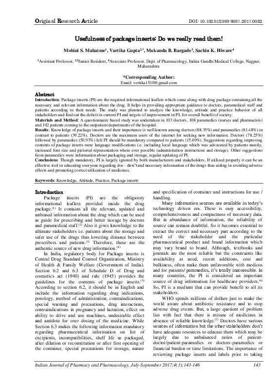 (PDF) Usefulness of package inserts: Do we really read them!