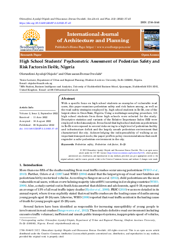 (PDF) High School Students’ Psychometric Assessment of Pedestrian ...