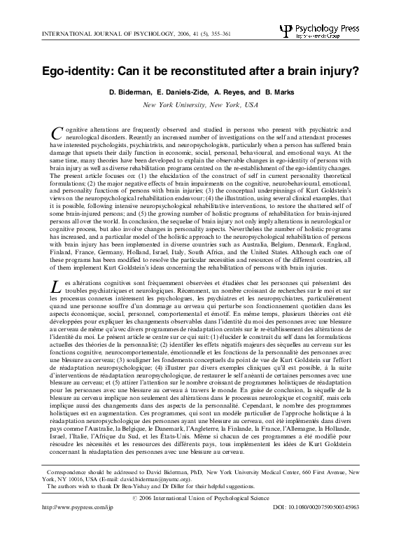 (PDF) Ego‐identity: Can it be reconstituted after a brain injury?