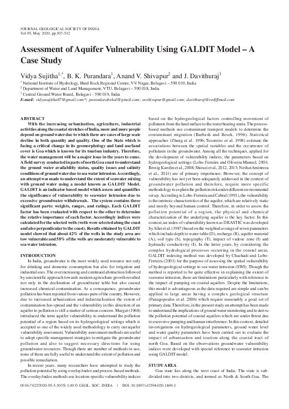 (PDF) Assessment of Aquifer Vulnerability Using GALDIT Model — A Case Study