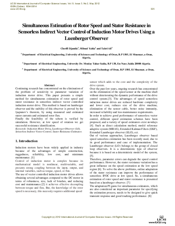 (PDF) Simultaneous Estimation of Rotor Speed and Stator Resistance in Sensorless Indirect Vector ...