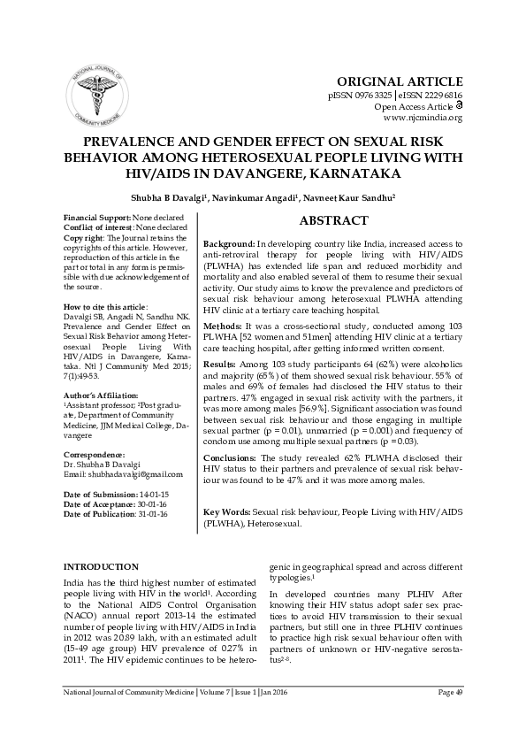(PDF) PREVALENCE AND GENDER EFFECT ON SEXUAL RISK BEHAVIOR AMONG HETEROSEXUAL PEOPLE LIVING WITH ...
