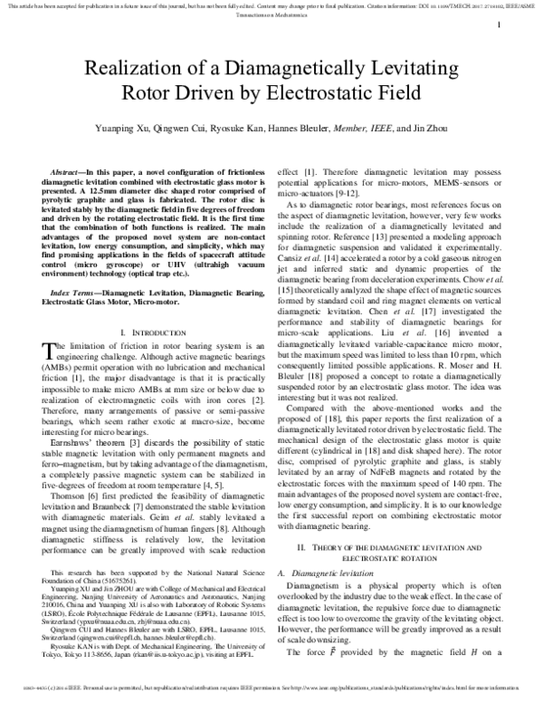 (PDF) Realization of a Diamagnetically Levitating Rotor Driven by ...