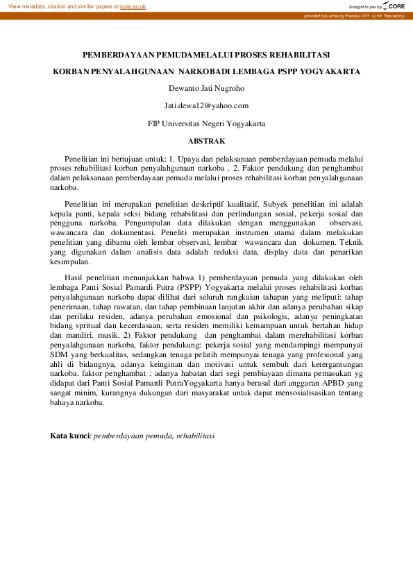 (PDF) Pemberdayaan Pemudamelalui Proses Rehabilitasikorban Penyalahgunaan Narkobadi Lembaga PSPP ...