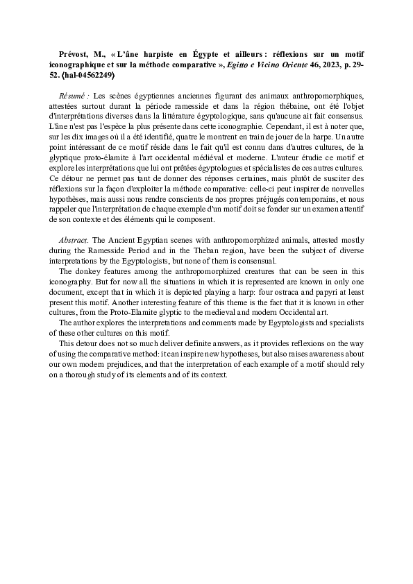 (PDF) Prévost, M., « L’âne harpiste en Égypte et ailleurs : réflexions ...