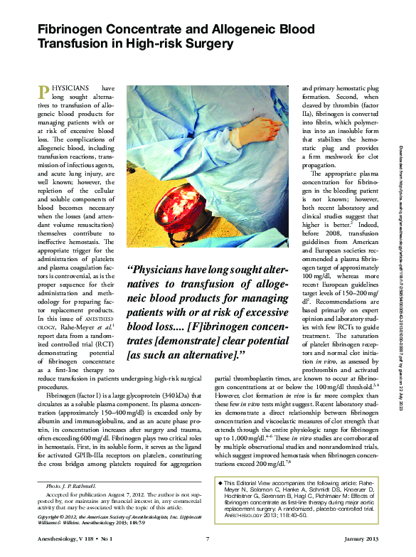 (PDF) Fibrinogen Concentrate and Allogeneic Blood Transfusion in High ...