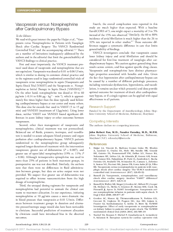 (PDF) Vasopressin versus Norepinephrine after Cardiopulmonary Bypass