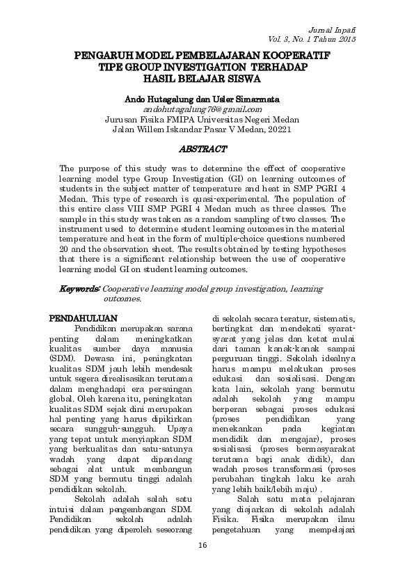 Pengaruh Model Pembelajaran Kooperatif Tipe Group Investigation Terhadap Hasil Belajar Siswa