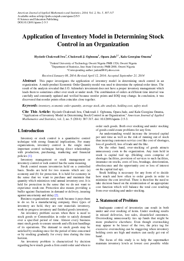 (PDF) Application of Inventory Model in Determining Stock Control in an Organization