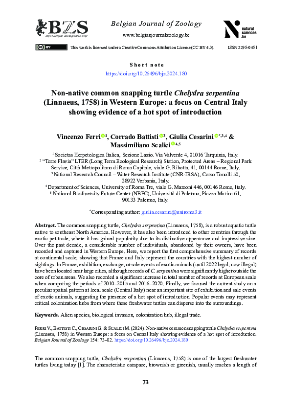 (PDF) Non-native common snapping turtle Chelydra serpentina (Linnaeus ...