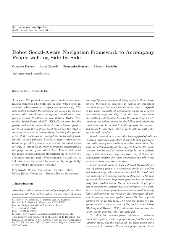 (PDF) Robot social-aware navigation framework to accompany people walking side-by-side