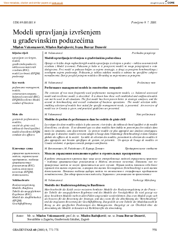 (PDF) Performance Management Models in Construction