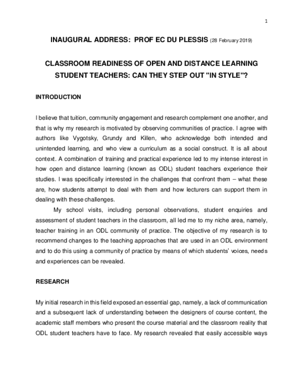 (PDF) Classroom readiness of open and distance learning student ...