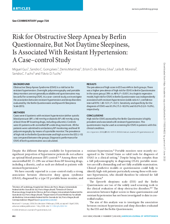 (PDF) Risk for Obstructive Sleep Apnea by Berlin Questionnaire, but not ...