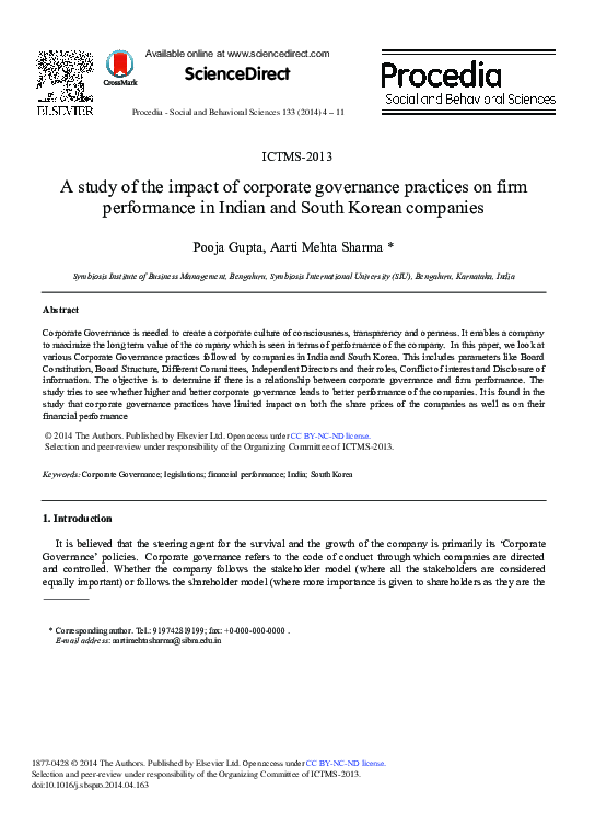 (PDF) A Study of the Impact of Corporate Governance Practices on Firm Performance in Indian and ...