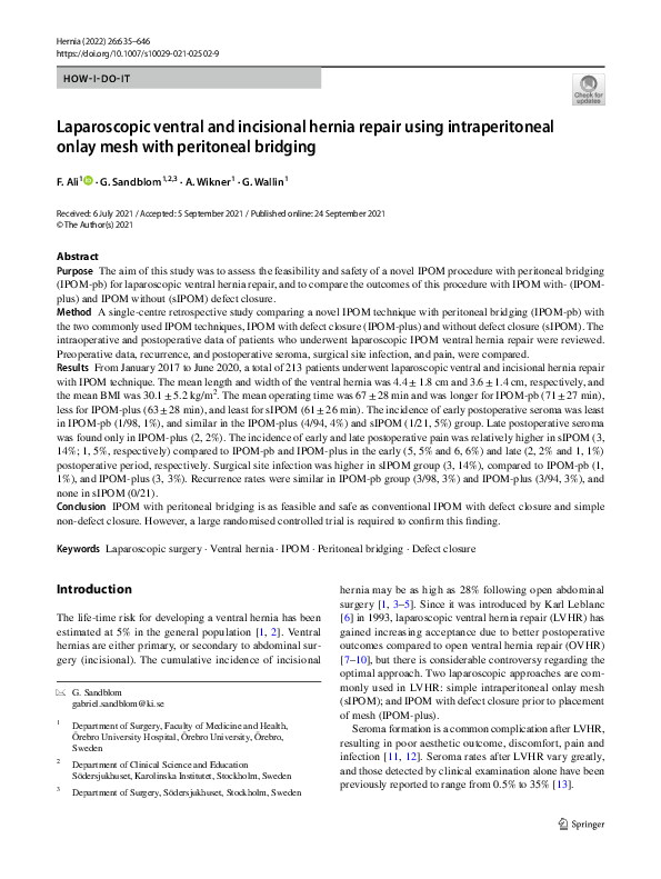 (PDF) Laparoscopic ventral and incisional hernia repair using intraperitoneal onlay mesh with ...