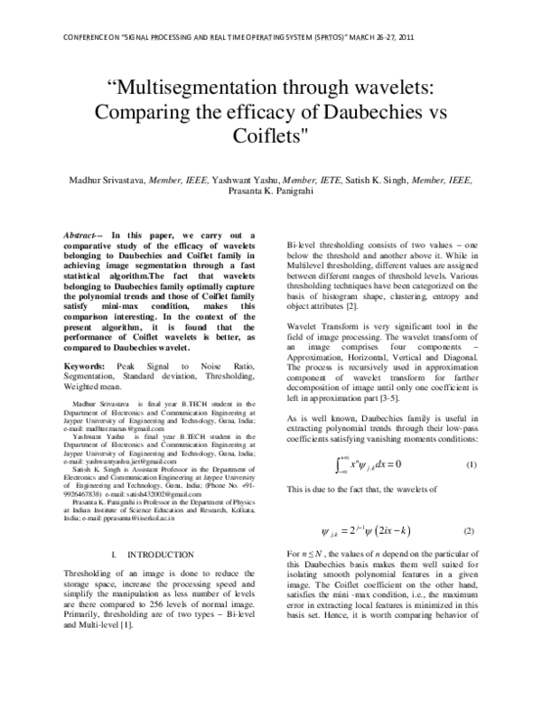 Pdf Multisegmentation Through Wavelets Comparing The Efficacy Of Daubechies Vs Coiflets