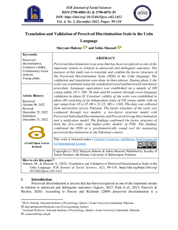 (PDF) Translation and Validation of Perceived Discrimination Scale in the Urdu Language