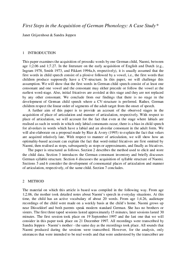 (PDF) First steps in the acquisition of German phonology : a case study