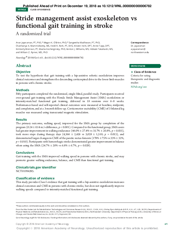 (PDF) Stride management assist exoskeleton vs functional gait training ...