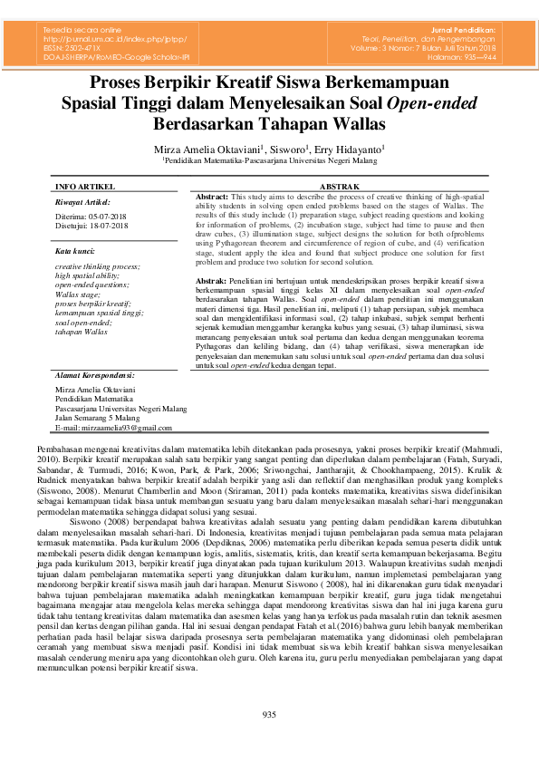 (PDF) Proses Berpikir Kreatif Siswa Berkemampuan Spasial Tinggi dalam Menyelesaikan Soal Open ...