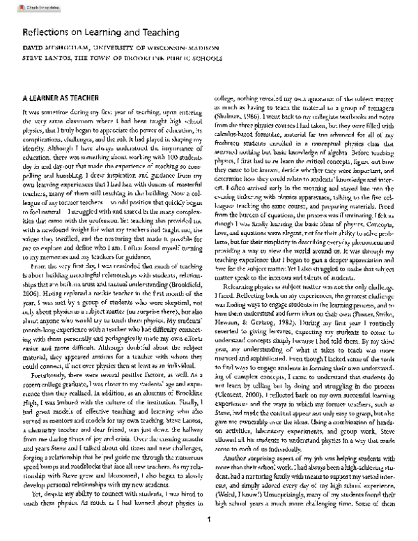 (PDF) Reflections on Learning and Teaching | Steve Lantos - Academia.edu