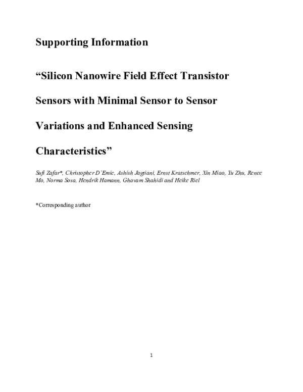 (PDF) Silicon Nanowire Field Effect Transistor Sensors with Minimal Sensor-to-Sensor Variations ...