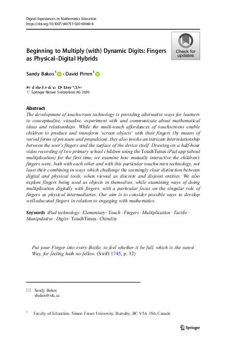 (PDF) Beginning to Multiply (with) Dynamic Digits: Fingers as Physical–Digital Hybrids