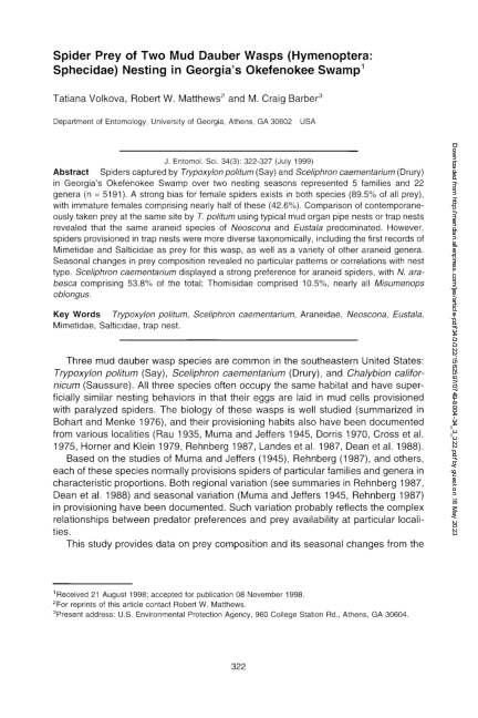 (PDF) Spider Prey of Two Mud Dauber Wasps (Hymenoptera: Sphecidae ...