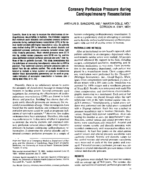 (PDF) Coronary perfusion pressure during cardiopulmonary resuscitation