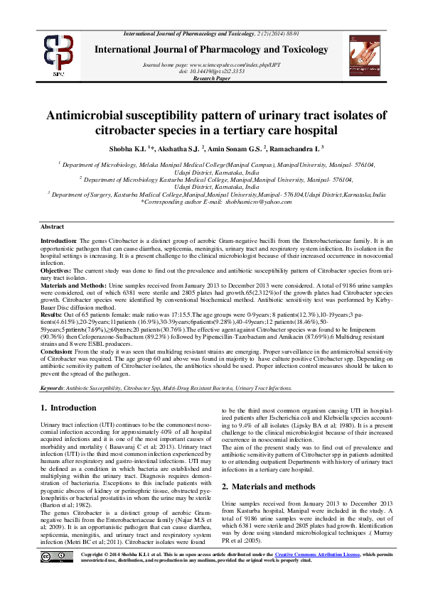 Pdf Antimicrobial Susceptibility Pattern Of Urinary Tract Isolates Of Citrobacter Species In A
