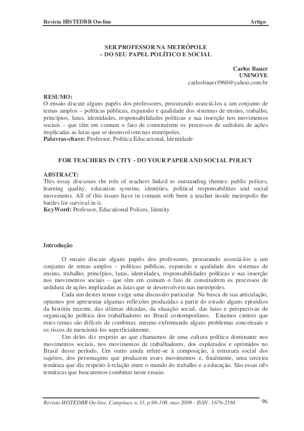 (PDF) Ser professor na metrópole: do seu papel político e social ...