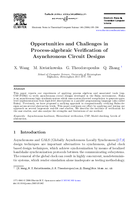(PDF) Opportunities and Challenges in Process-algebraic Verification of Asynchronous Circuit Designs
