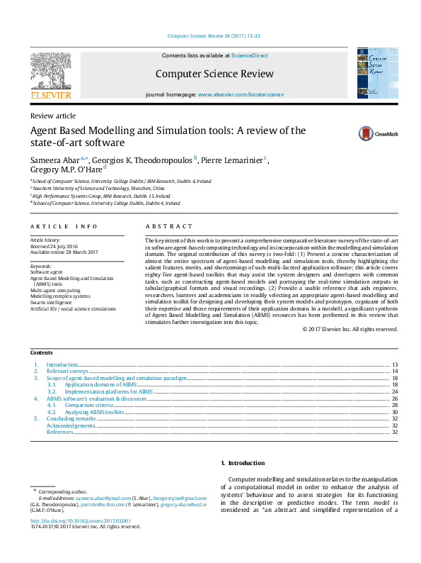 Pdf Agent Based Modelling And Simulation Tools A Review Of The State Of Art Software