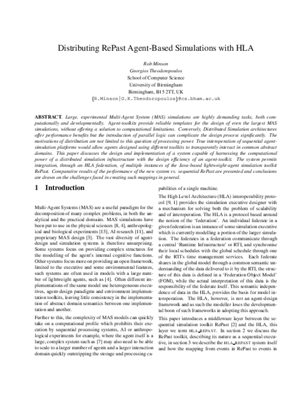 (PDF) Distributing RePast agent‐based simulations with HLA