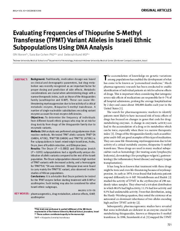 (PDF) Evaluating frequencies of thiopurine S-methyl transferase (TPMT ...
