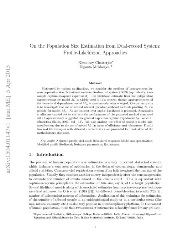 (PDF) On the Population Size Estimation from Dual-record System: Profile-Likelihood Approaches