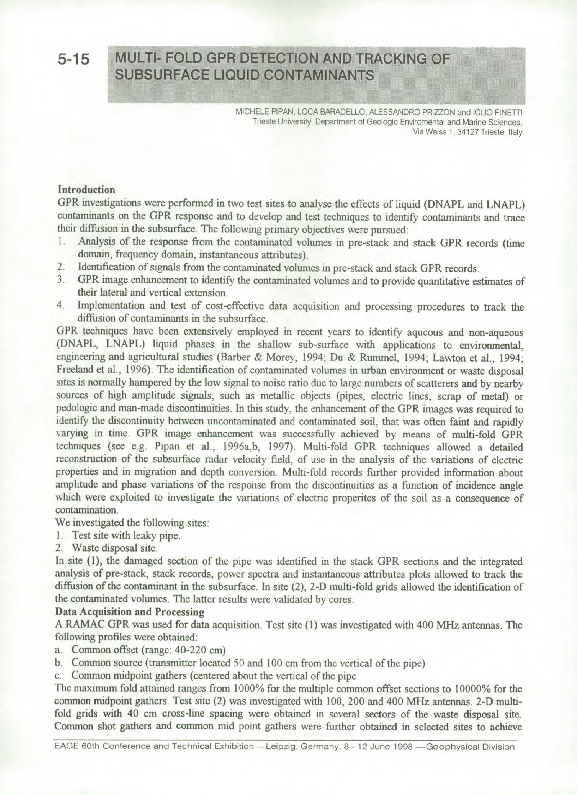 Pdf Multi Fold Gpr Detection And Tracking Of Subsurface Liquid Contaminants Luca Bara