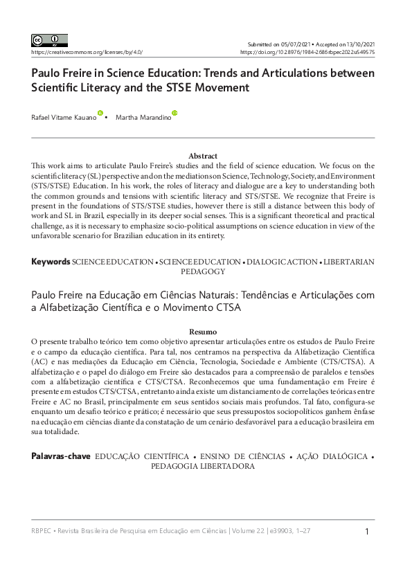 (PDF) Paulo Freire in Science Education: Trends and Articulations ...