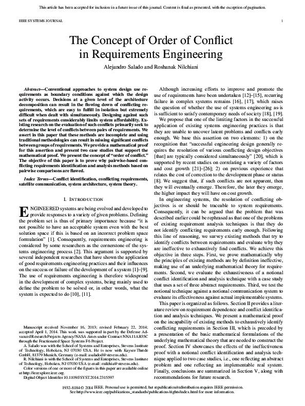 (PDF) The Concept of Order of Conflict in Requirements Engineering