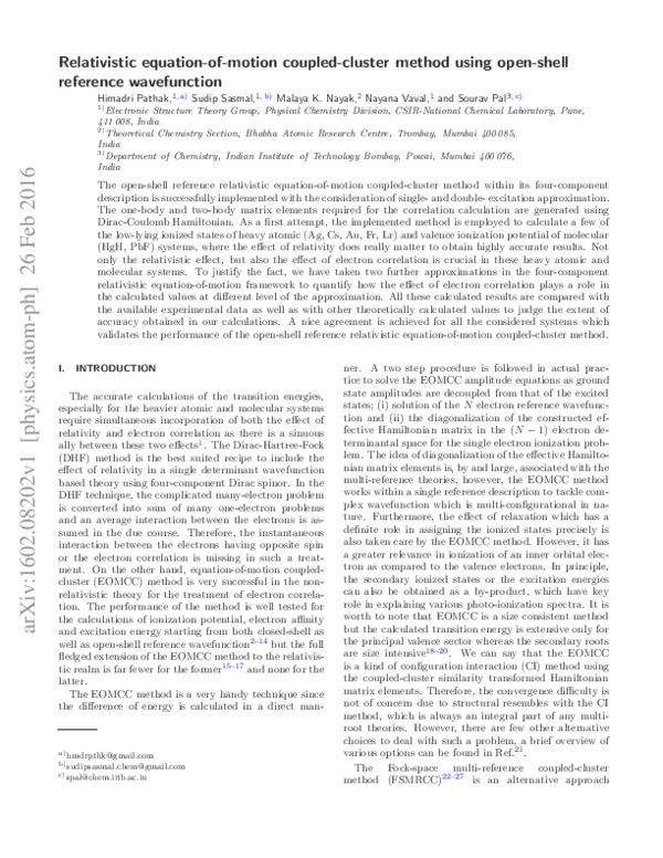 (PDF) Relativistic equation-of-motion coupled-cluster method using open-shell reference ...