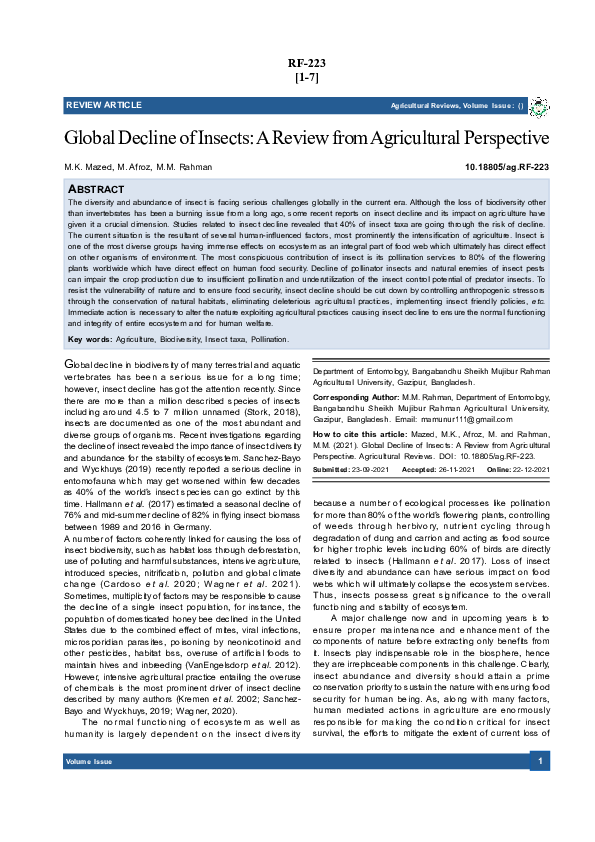 (PDF) Global Decline of Insects: A Review from Agricultural Perspective