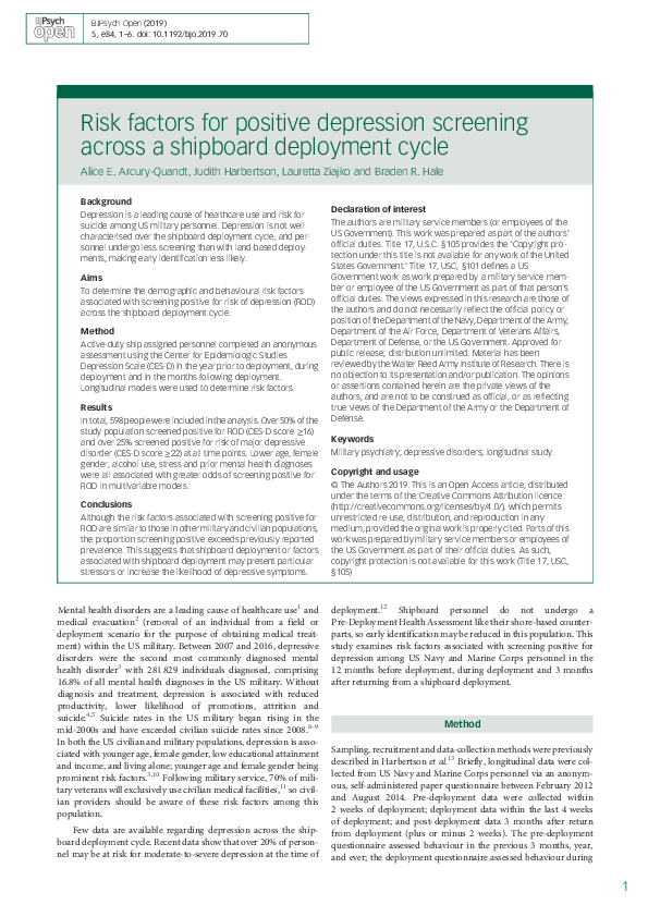 (PDF) Risk factors for positive depression screening across a shipboard ...