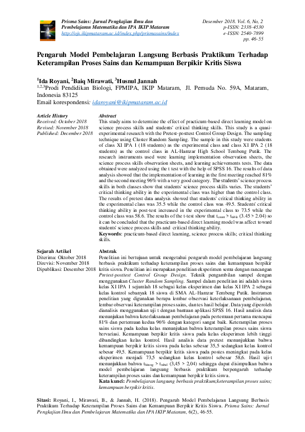 (PDF) Pengaruh Model Pembelajaran Langsung Berbasis Praktikum Terhadap Keterampilan Proses Sains ...