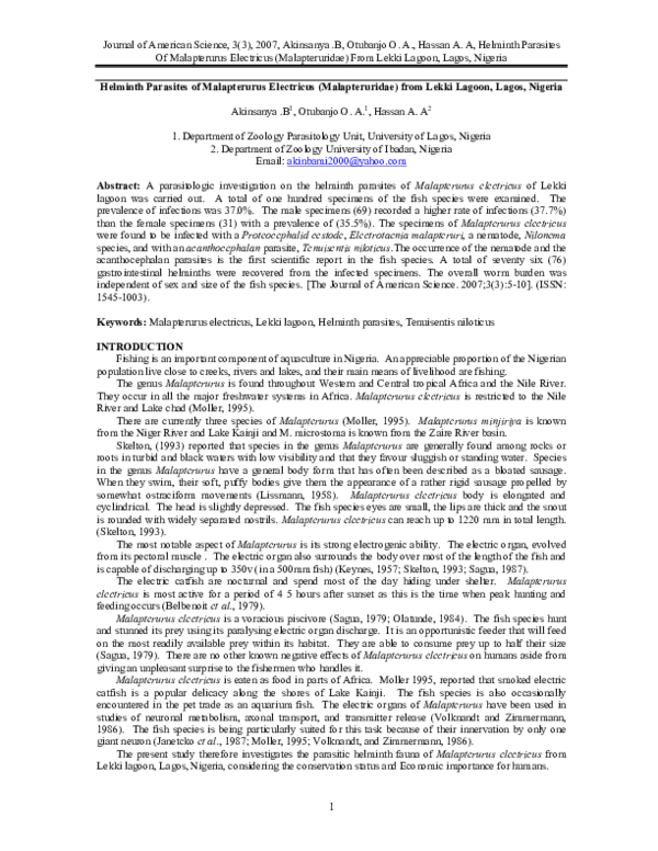 (PDF) Helminth Parasites of Malapterurus Electricus (Malapteruridae ...