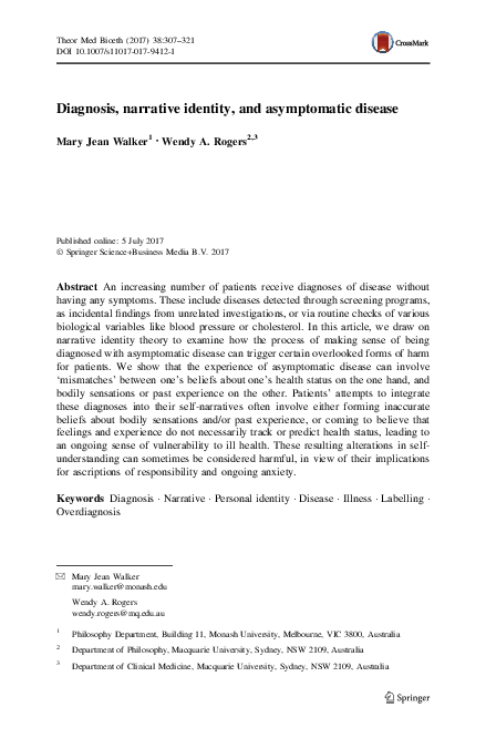(PDF) Diagnosis, narrative identity, and asymptomatic disease