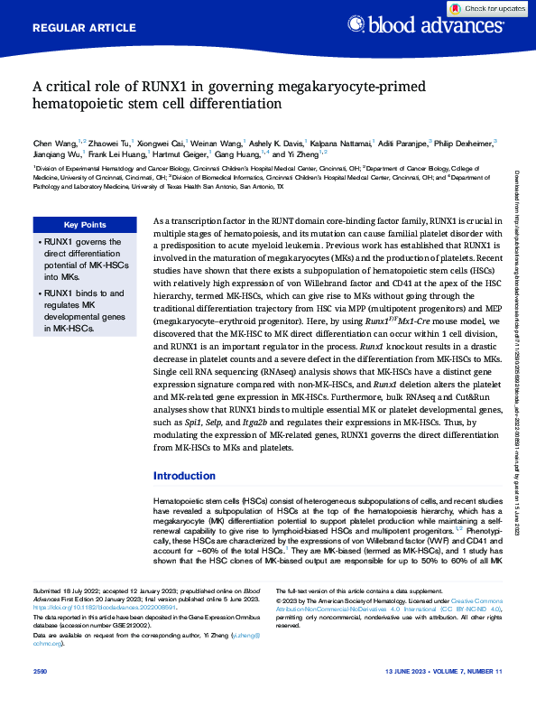 Pdf A Critical Role Of Runx1 In Governing Megakaryocyte Primed Hematopoietic Stem Cell