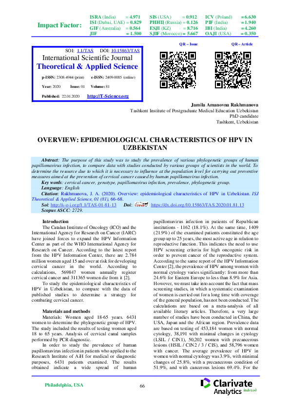 (PDF) Overview: Epidemiological Characteristics of HPV in Uzbekistan
